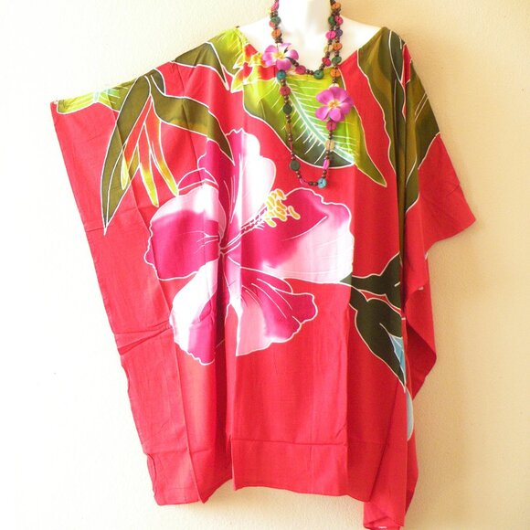 Dresses | Lt55 Red Floral Batik Women Handpainted 38 Kaftan Midi Dress ...